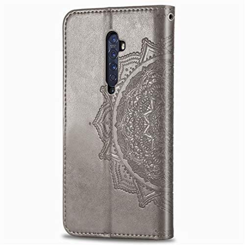 SATURCASE Case for Oppo Reno2 Z, Mandala Embossing PU Leather Flip Magnet Wallet Stand Card Slots Protective Cover with Hand Strap for Oppo Reno2 Z (Gray)