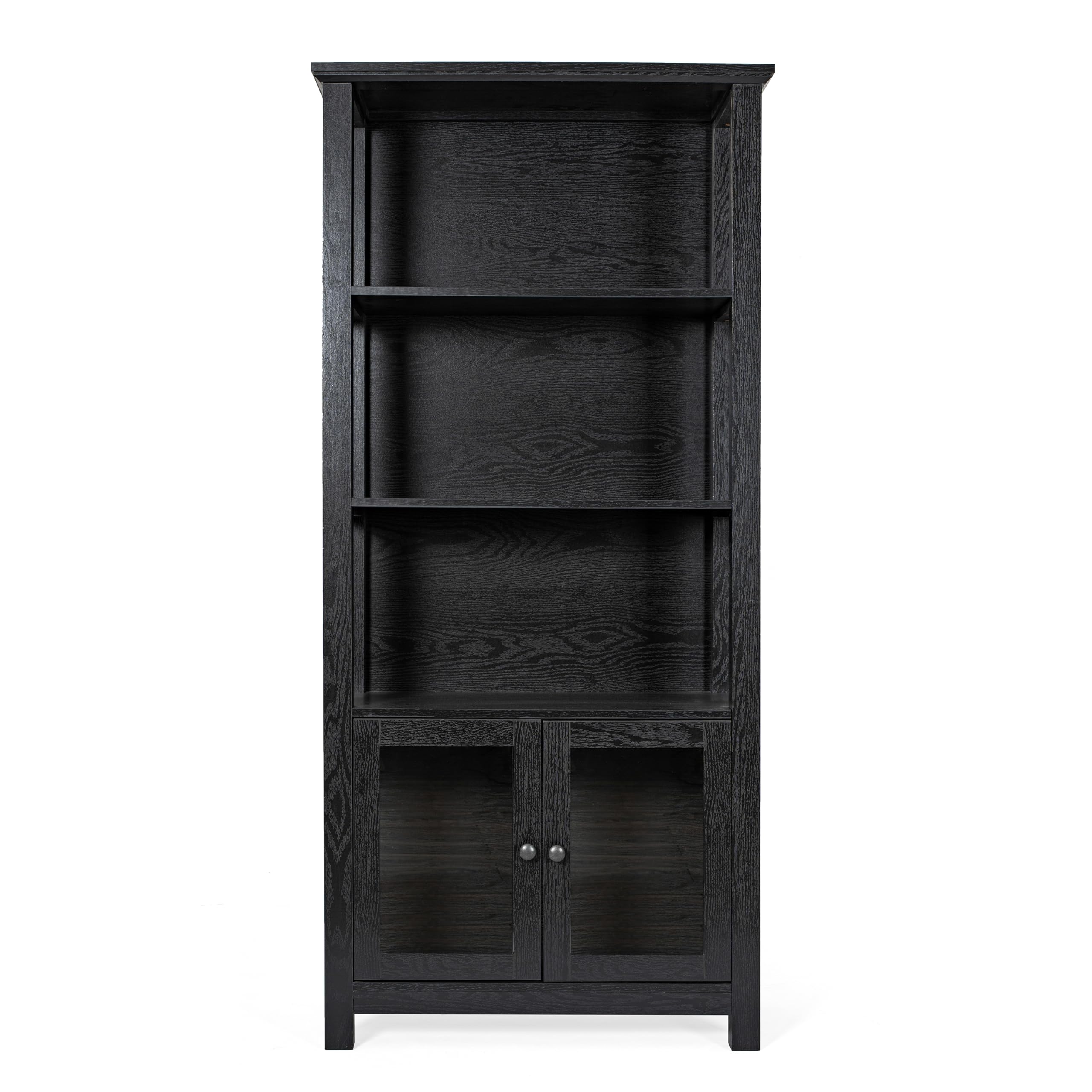 Merrick Lane Omaha Storage Cabinet Bookcase, Modern Farmhouse Cabinet with Open Shelves, Lower Storage Cabinet with Glass Doors, 67.75", Black