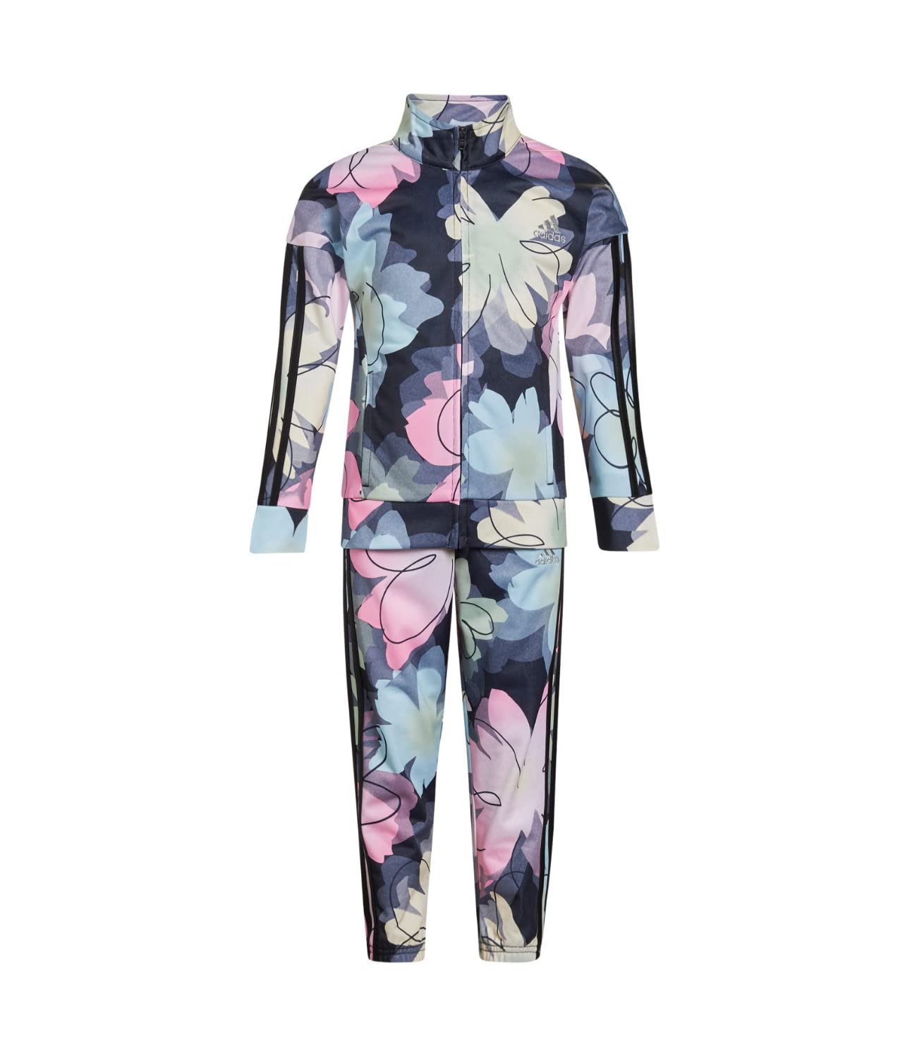 adidas girls Zip Front Classic Tricot Jacket and Joggers Set (2T, Black with Multicolor Flower) (AG3025C)