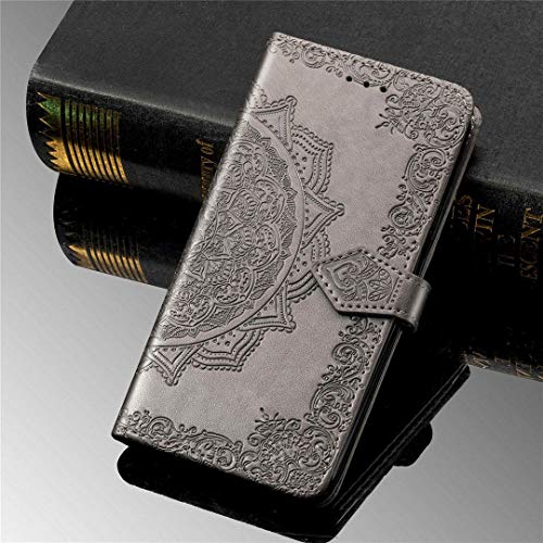 SATURCASE Case for Oppo Reno2 Z, Mandala Embossing PU Leather Flip Magnet Wallet Stand Card Slots Protective Cover with Hand Strap for Oppo Reno2 Z (Gray)