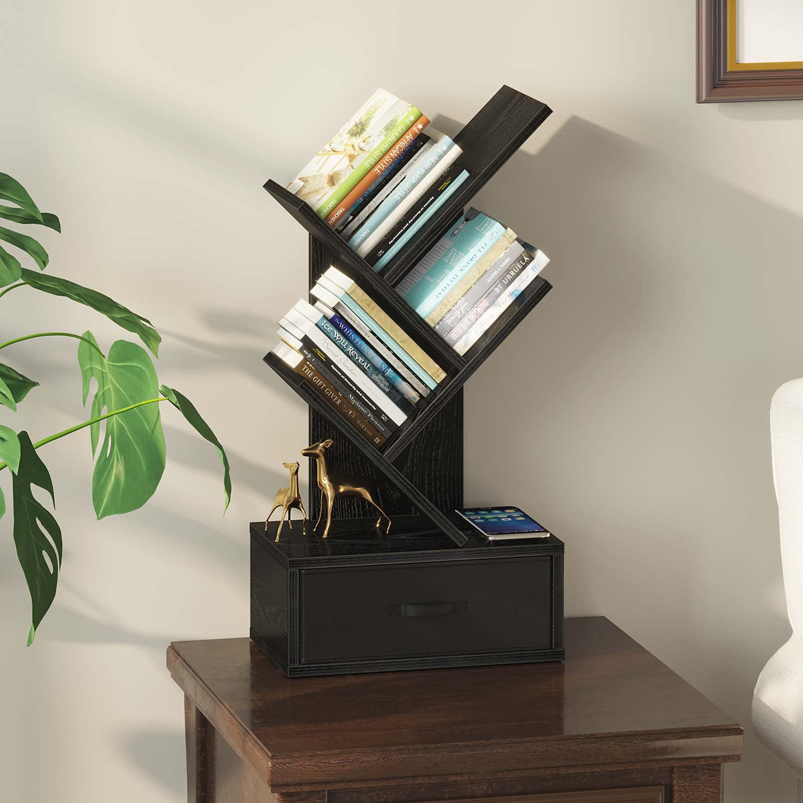 Rolanstar Bookshelf with Drawer, 4 Shelf Tree Bookshelf, Wooden Bookshelves Storage Rack for CDs/Movies/Books, Black Bookcase, Utility Organizer Shelves for Living Room, Bedroom