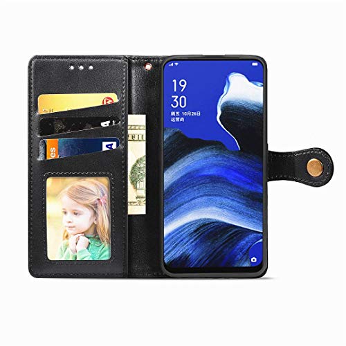 SATURCASE Case for Oppo Reno2 Z, Premium PU Leather Flip Round Magnet Wallet Stand Card Slots Protective Cover with Hand Strap for Oppo Reno2 Z (Black)