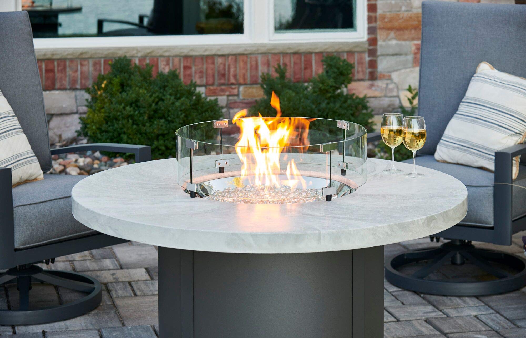 Outdoor GreatRoom Co Propane Fire Pit Table - Beacon Gas Fire Pits for Outside Patio - 48 Inch Round Concrete Firepit Fire Table with Matching Tabletop Cover, Powder-Coated Metal Base - White/Grey