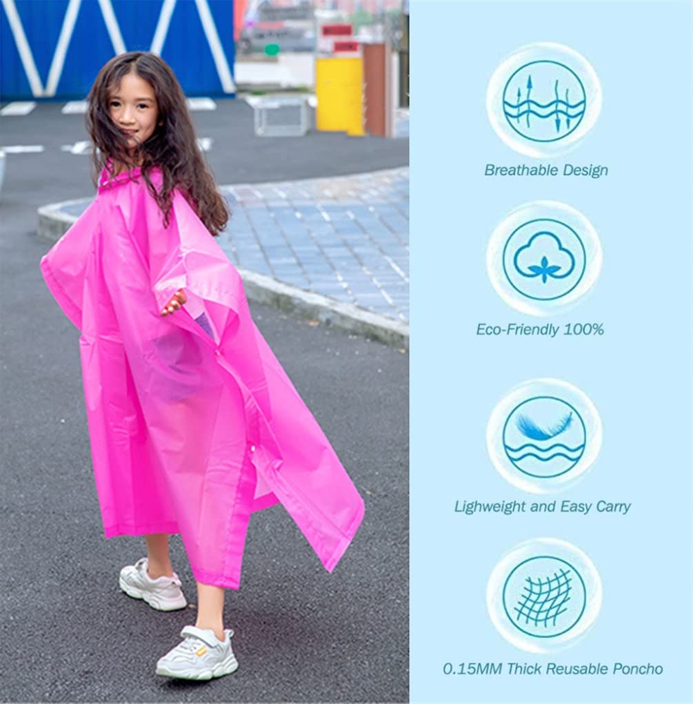 YUNLOVXEE Rain Poncho Raincoats for Kids Reusable - 2 Pack EVA Waterproof Rain Coat with Hood Rain Jacket for Boys Girls (US, Alpha, One Size, Regular, Pink+Blue)