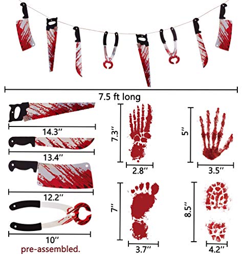 Halloween Decorations Set - Bloody Backdrop & Garland Banner & Footprints Handprints Floor Clings Decals - Zombie Vampire Party Supplies Garage Yard Outdoor Indoor Decor