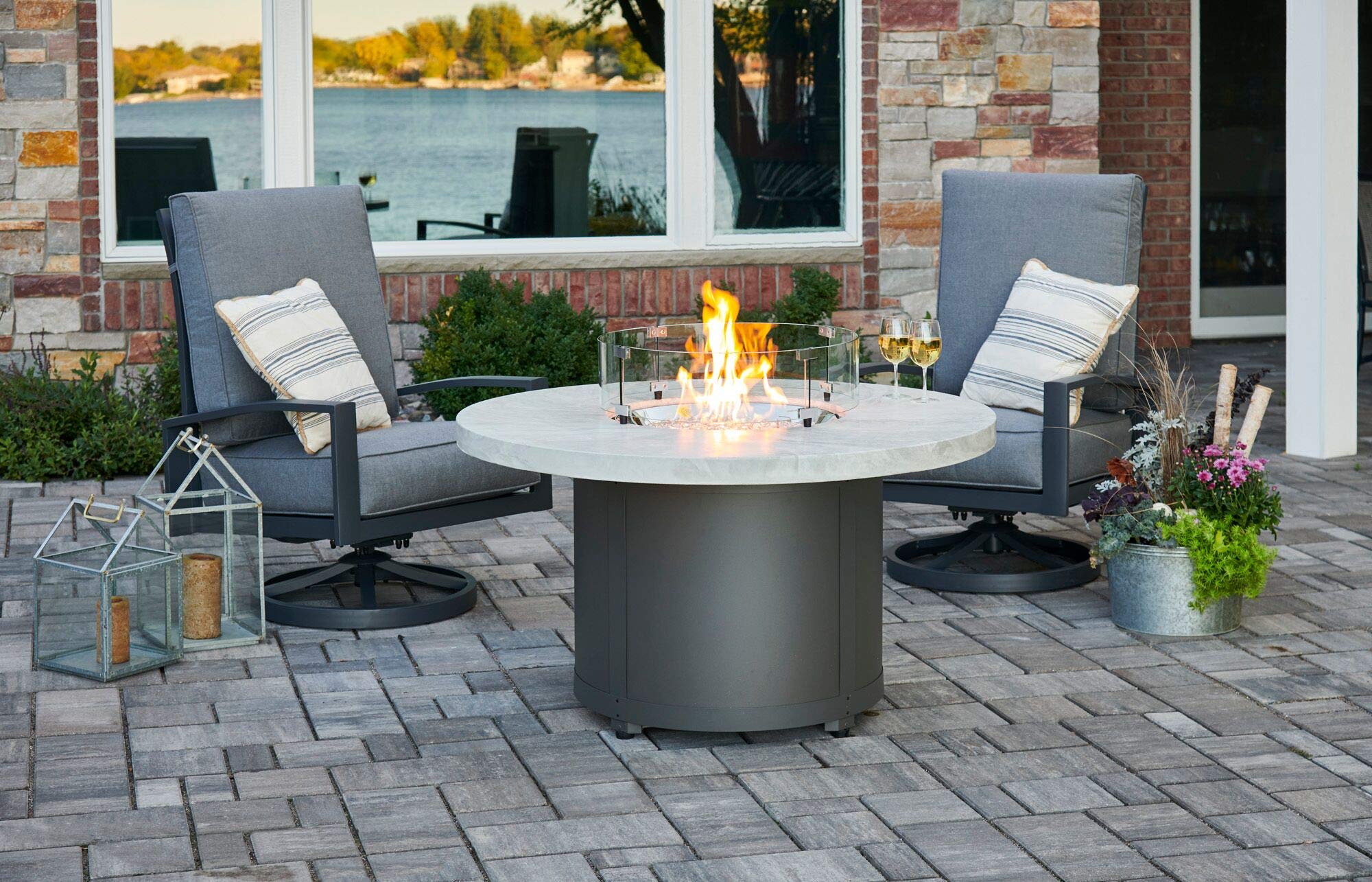 Outdoor GreatRoom Co Propane Fire Pit Table - Beacon Gas Fire Pits for Outside Patio - 48 Inch Round Concrete Firepit Fire Table with Matching Tabletop Cover, Powder-Coated Metal Base - White/Grey
