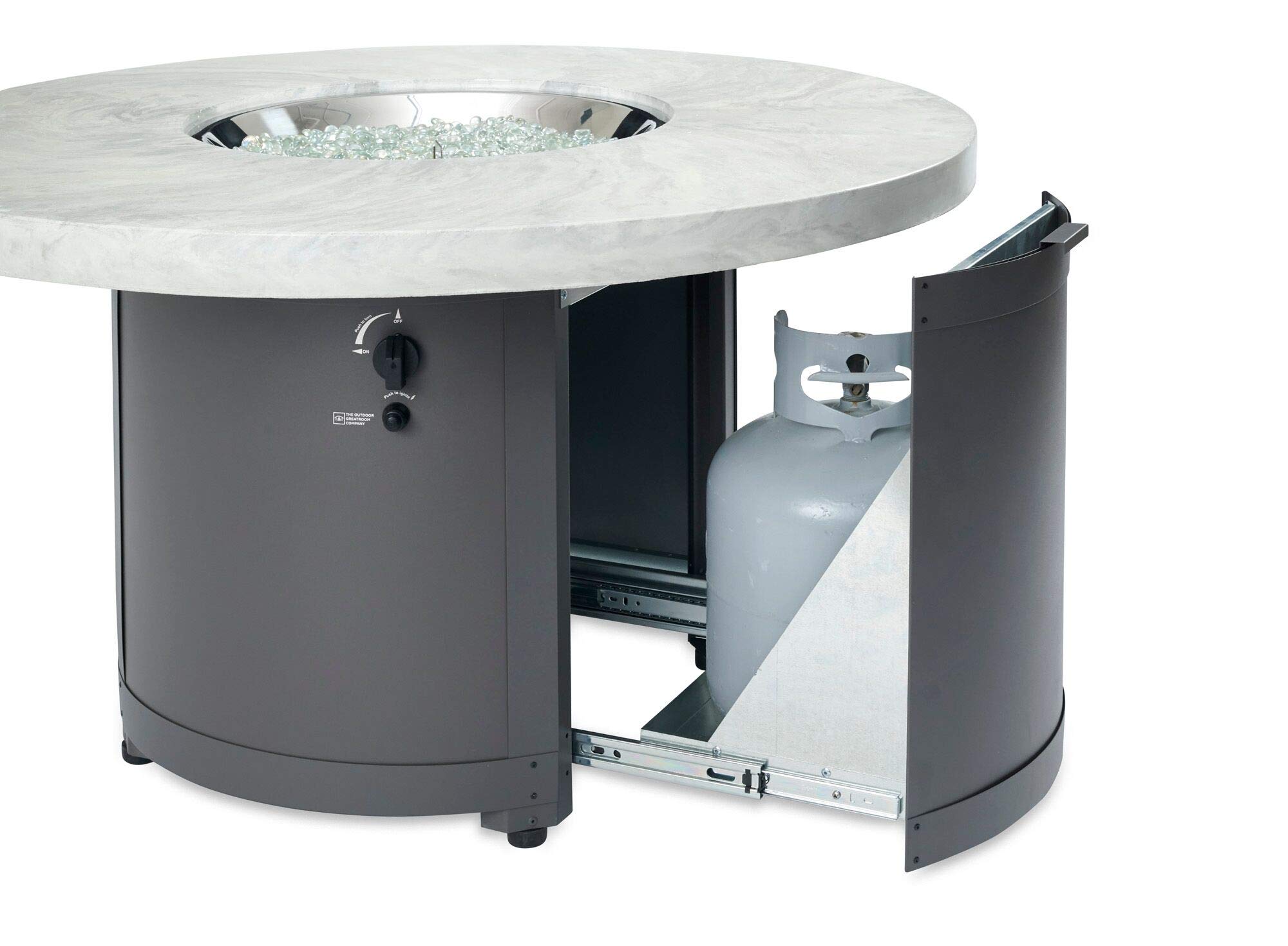 Outdoor GreatRoom Co Propane Fire Pit Table - Beacon Gas Fire Pits for Outside Patio - 48 Inch Round Concrete Firepit Fire Table with Matching Tabletop Cover, Powder-Coated Metal Base - White/Grey
