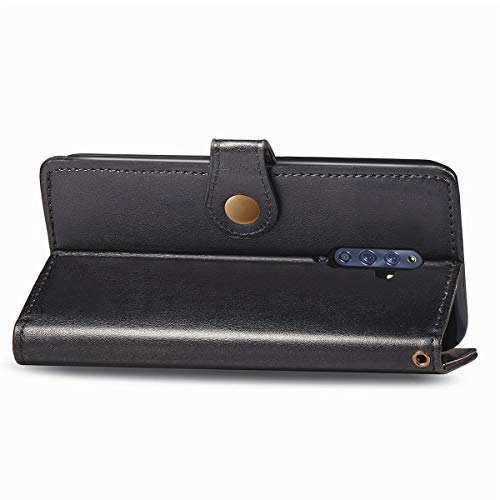 SATURCASE Case for Oppo Reno2 Z, Premium PU Leather Flip Round Magnet Wallet Stand Card Slots Protective Cover with Hand Strap for Oppo Reno2 Z (Black)