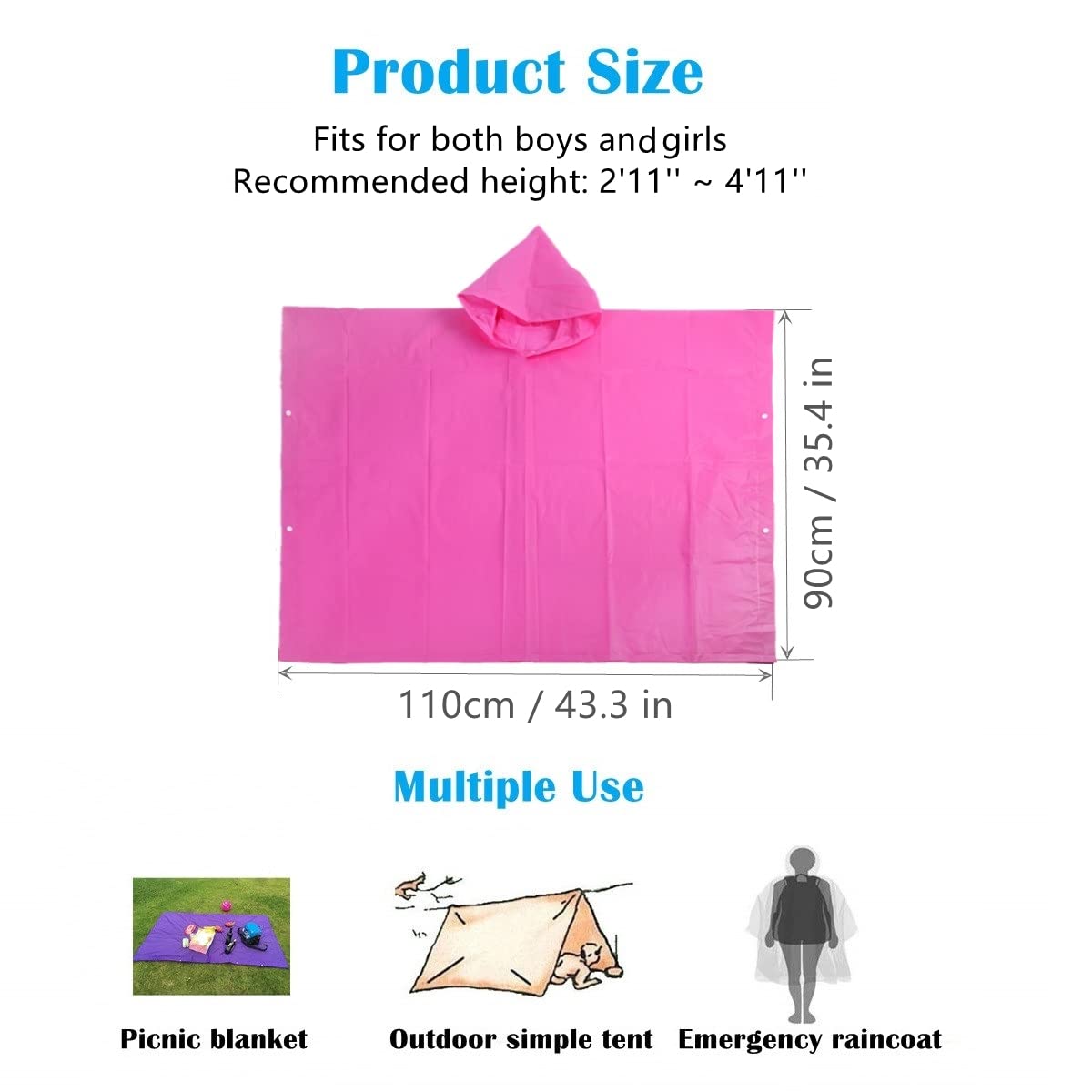YUNLOVXEE Rain Poncho Raincoats for Kids Reusable - 2 Pack EVA Waterproof Rain Coat with Hood Rain Jacket for Boys Girls (US, Alpha, One Size, Regular, Pink+Blue)