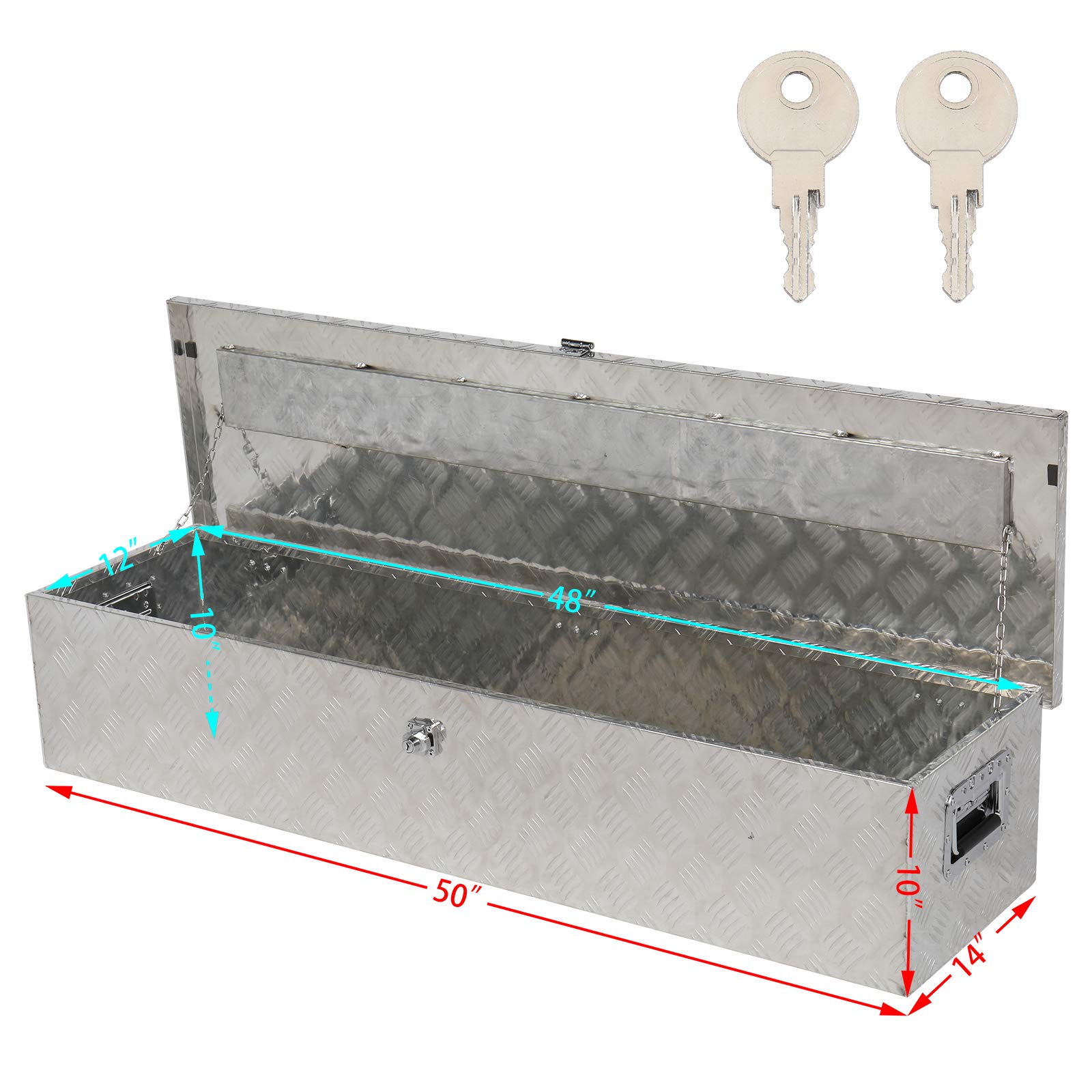 MOTORHOT 50" L x 14" W x 10" H Aluminum Truck Bed Tool Box, Diamond Plate Toolbox Square Storage Organizer with Side Handle for Pickup, RV, Trailer Toolbox, Silver