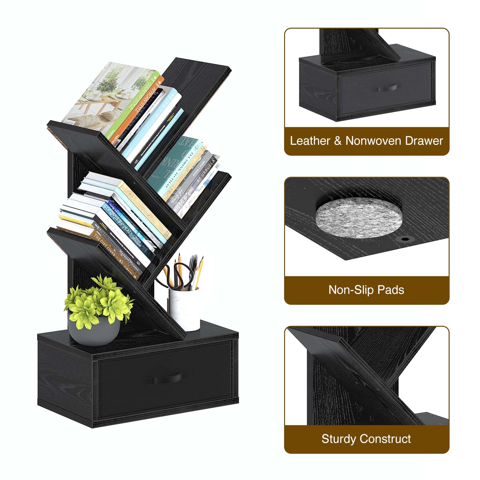 Rolanstar Bookshelf with Drawer, 4 Shelf Tree Bookshelf, Wooden Bookshelves Storage Rack for CDs/Movies/Books, Black Bookcase, Utility Organizer Shelves for Living Room, Bedroom