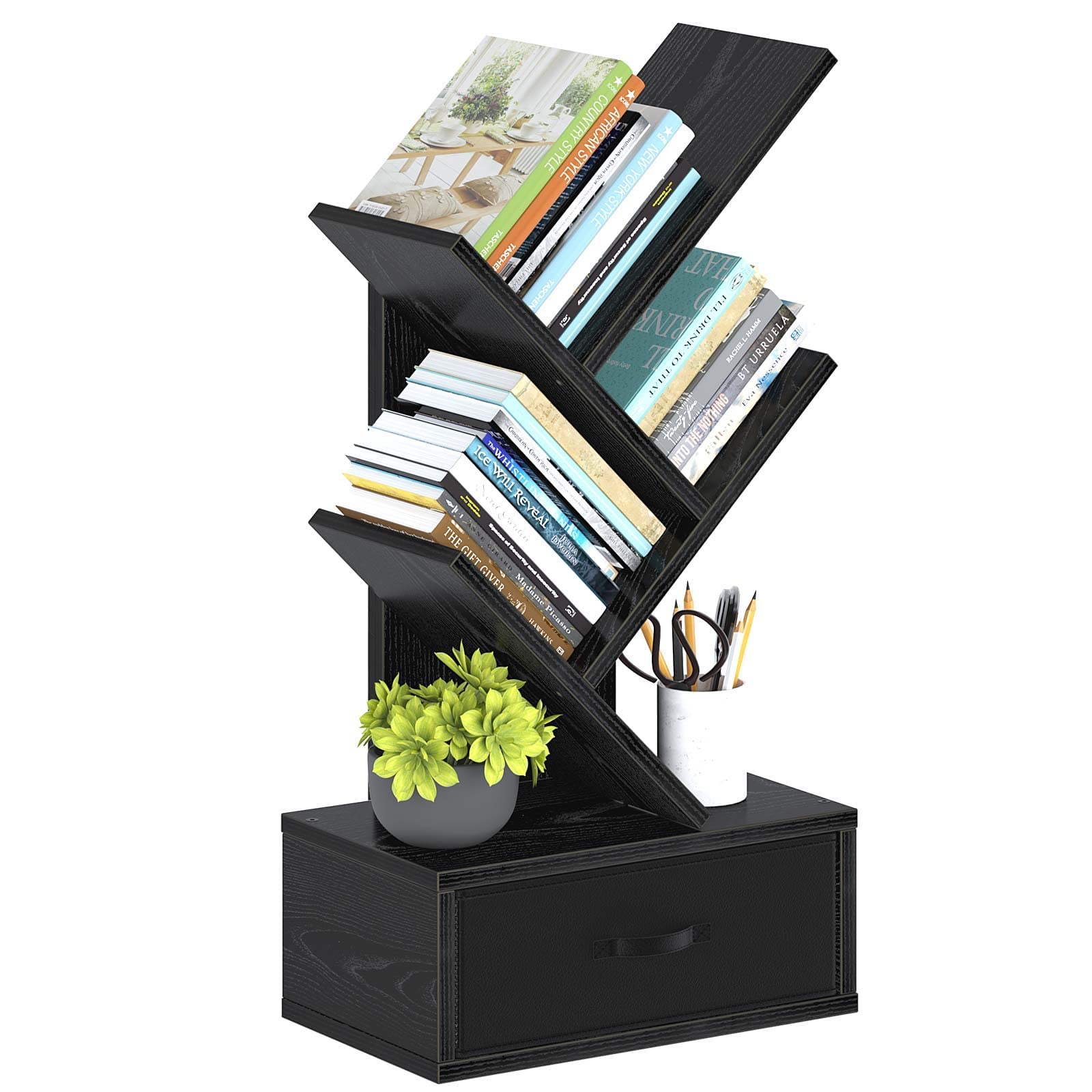 Rolanstar Bookshelf with Drawer, 4 Shelf Tree Bookshelf, Wooden Bookshelves Storage Rack for CDs/Movies/Books, Black Bookcase, Utility Organizer Shelves for Living Room, Bedroom