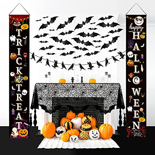 Halloween Decorations Outdoor Indoor Trick or Treat Halloween Signs for Front Door Porch Décor Halloween Welcome Signs Lace Spider Web Fireplace Mantel Scarf Halloween Crow Garland Bat Stickers