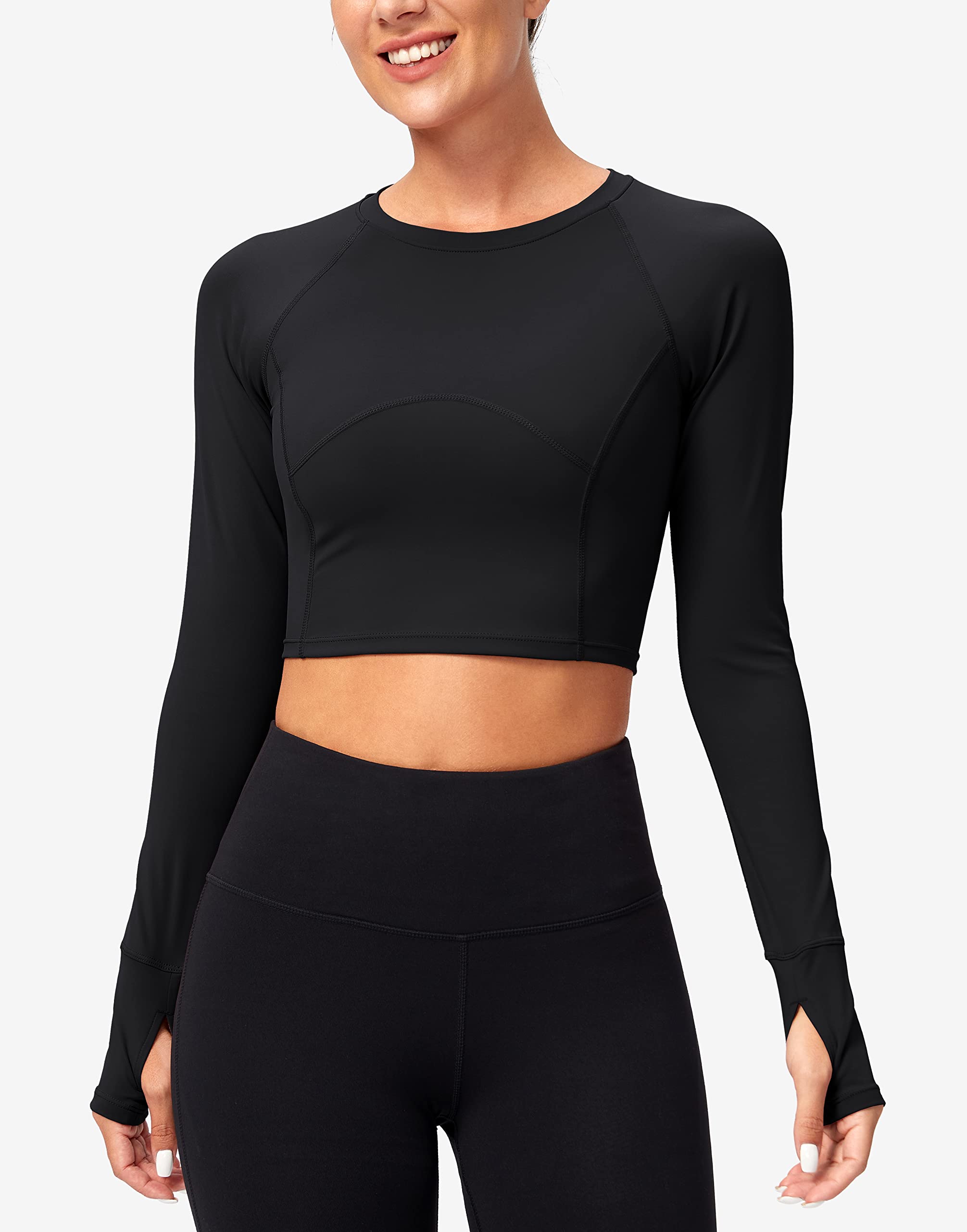 SANTINY Women's Long Sleeve Crop Workout Tops Slim Fit Gym Yoga Running Shirts for Women(Black_L)