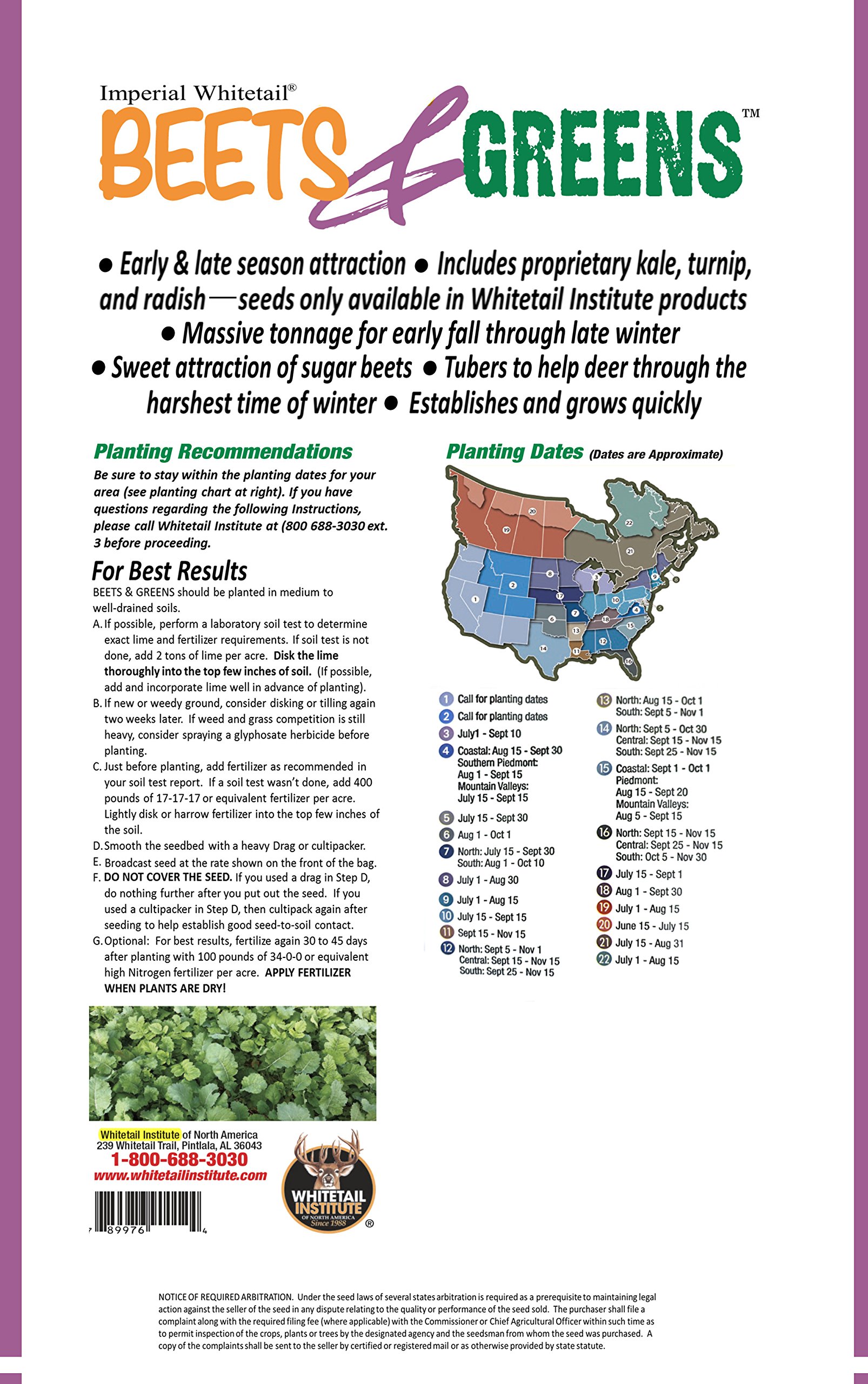 Whitetail Institute Beets & Greens Deer Food Plot Seed for Fall Planting - Blend of Sugar Beets, Kale, Turnip and Radish to Attract and Hold Deer Throughout Fall and Winter, 12 lbs (2 Acres)