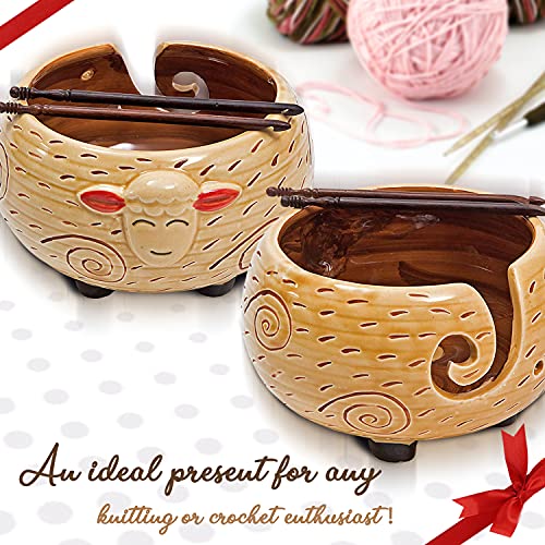 Eunoia Ceramic Yarn Bowl, 7 x 4 Inch Handmade Yarn Holder for Crocheting, Decorative Knitting Bowl for Knitters with Wooden Crochet Hook and Travel Bag