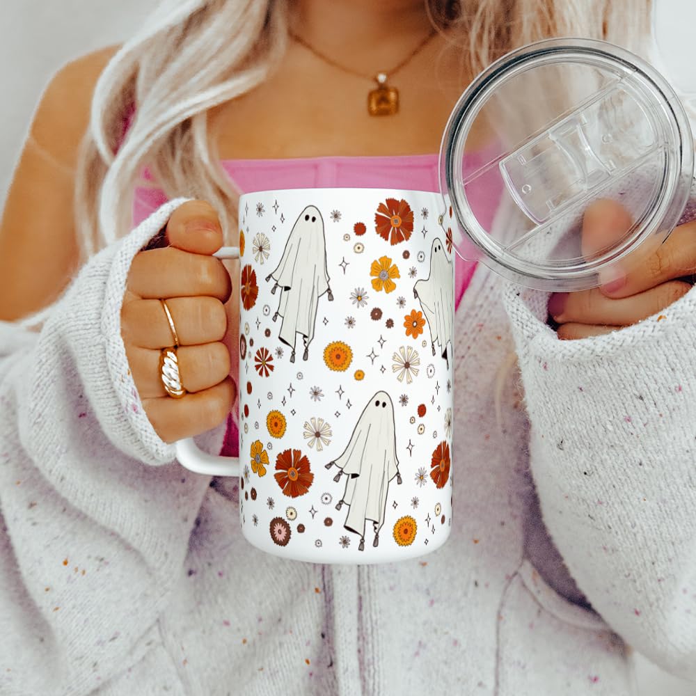 Retro Ghost Halloween Insulated Travel Coffee Mug with Lid, Spooky Fall Autumn Season Cup (18oz)