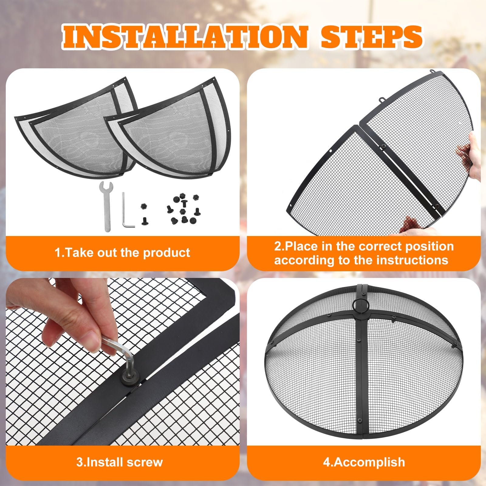 Suzile 22 Inch Heavy Duty Fire Pit Spark Screen Round Mesh Fire Pit Cover Fire Pit Lid Fire Pit Mesh Screen with Handle and Lifter Tool for Outdoor Firepit Stove Fireplace (Black)