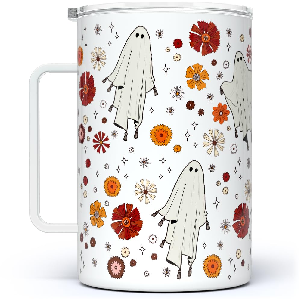 Retro Ghost Halloween Insulated Travel Coffee Mug with Lid, Spooky Fall Autumn Season Cup (18oz)