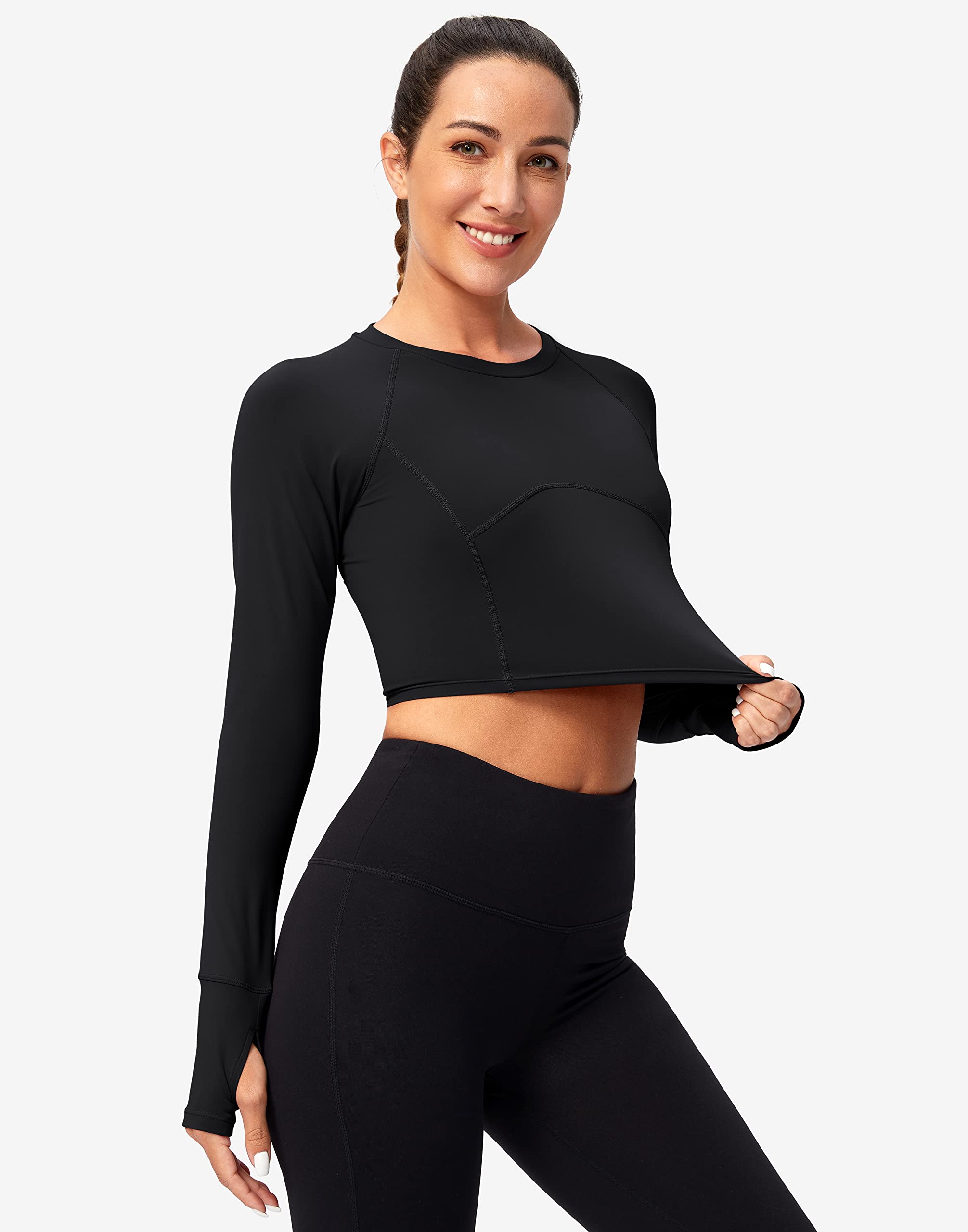 SANTINY Women's Long Sleeve Crop Workout Tops Slim Fit Gym Yoga Running Shirts for Women(Black_L)