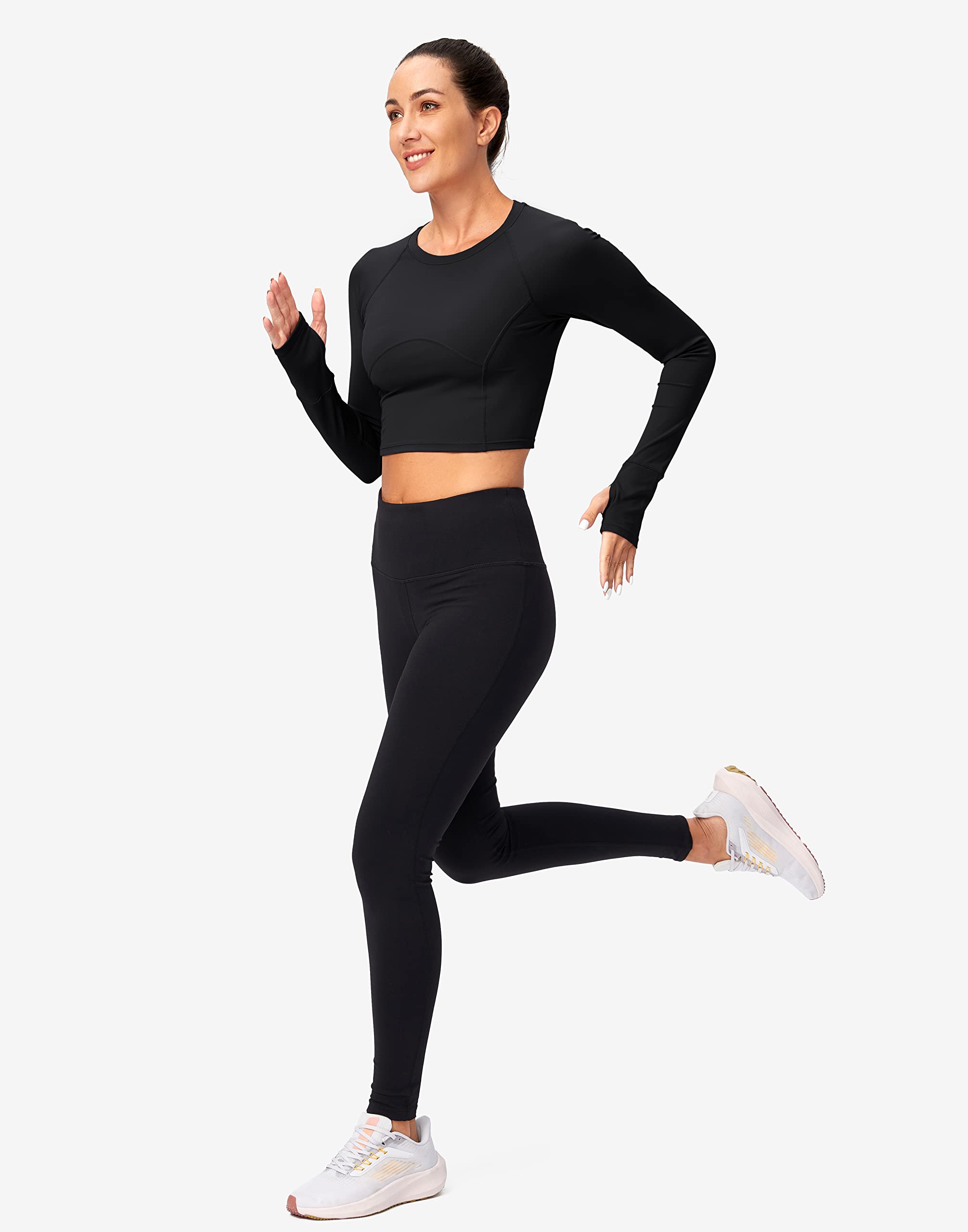 SANTINY Women's Long Sleeve Crop Workout Tops Slim Fit Gym Yoga Running Shirts for Women(Black_L)