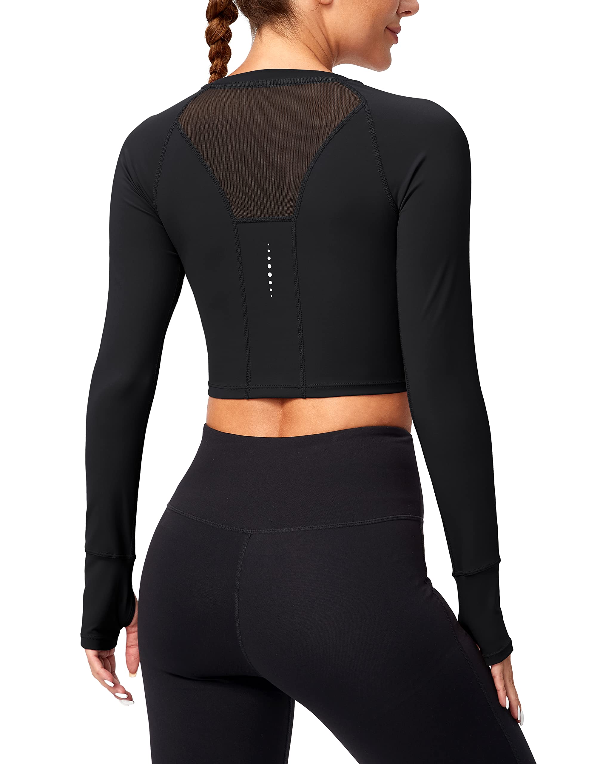 SANTINY Women's Long Sleeve Crop Workout Tops Slim Fit Gym Yoga Running Shirts for Women(Black_L)