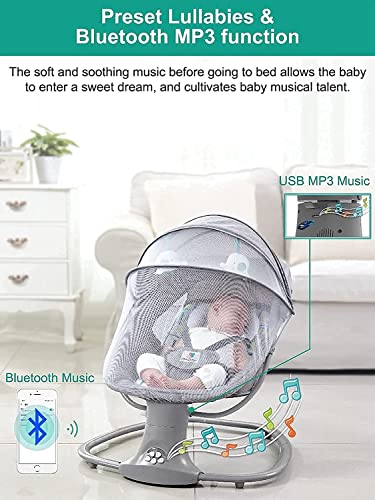 Baby Swings for Infants, Bluetooth Baby Bouncer, Intelligence Timing Electric Baby Rocker with Music Speaker, Preset Lullabies, 5 Point Harness Belt, 5 Speeds & Remote Control