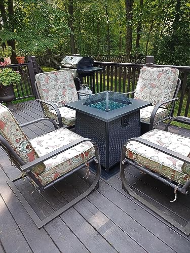 Domi Gas FirePit Table, 28 Inch 50,000 BTU Outdoor Wicker Patio Propane Firepit w/Blue Glass Rocks, Hideaway Tank Holder, ETL Certification, Cover Lid, Wood Look Tabletop (Square)