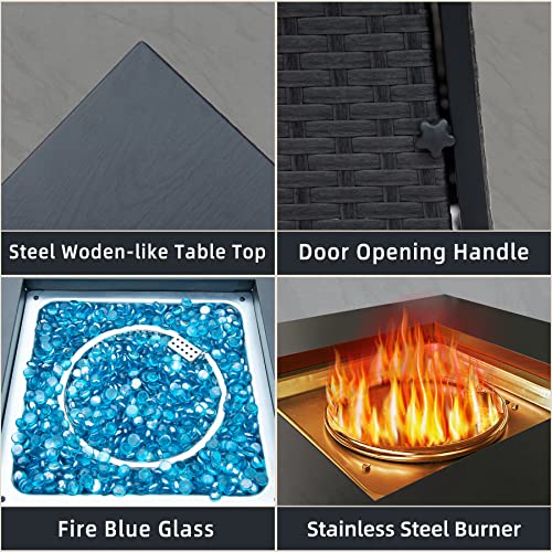 Domi Gas FirePit Table, 28 Inch 50,000 BTU Outdoor Wicker Patio Propane Firepit w/Blue Glass Rocks, Hideaway Tank Holder, ETL Certification, Cover Lid, Wood Look Tabletop (Square)