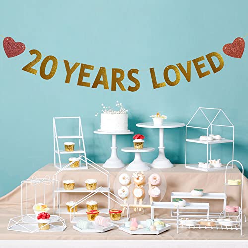 20 YEARS LOVED Banner for 20th Birthday /Wedding Anniversary Party Decorations Supplies, Pre-strung, No Assembly Required, Gold Glitter Paper Garlands Banner, Letters Gold, Betteryanzi