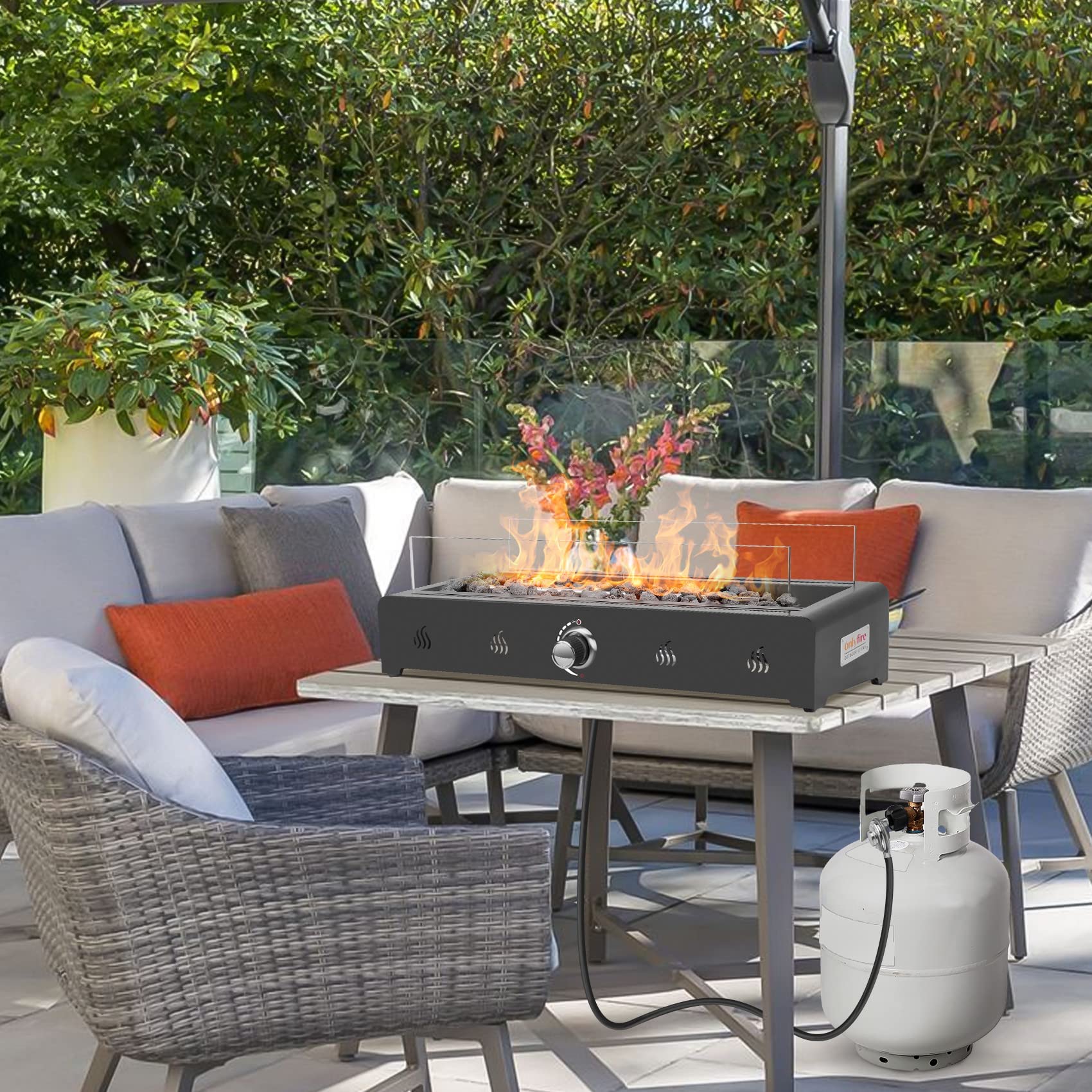 Onlyfire 28'' Tabletop Fire Pit Table, Propane Fire Pit with Bottom Air Intake, Glass Wind Guard and Fire Glass, Outdoor Rectangular Smokeless Fire Table