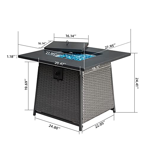 Domi Gas FirePit Table, 28 Inch 50,000 BTU Outdoor Wicker Patio Propane Firepit w/Blue Glass Rocks, Hideaway Tank Holder, ETL Certification, Cover Lid, Wood Look Tabletop (Square)