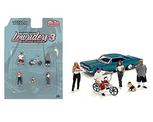 Lowriders 3" 6 Piece Diecast Set (4 Figurines, 1 Dog and 1 Bike) for 1/64 Scale Models by American Diorama 76480