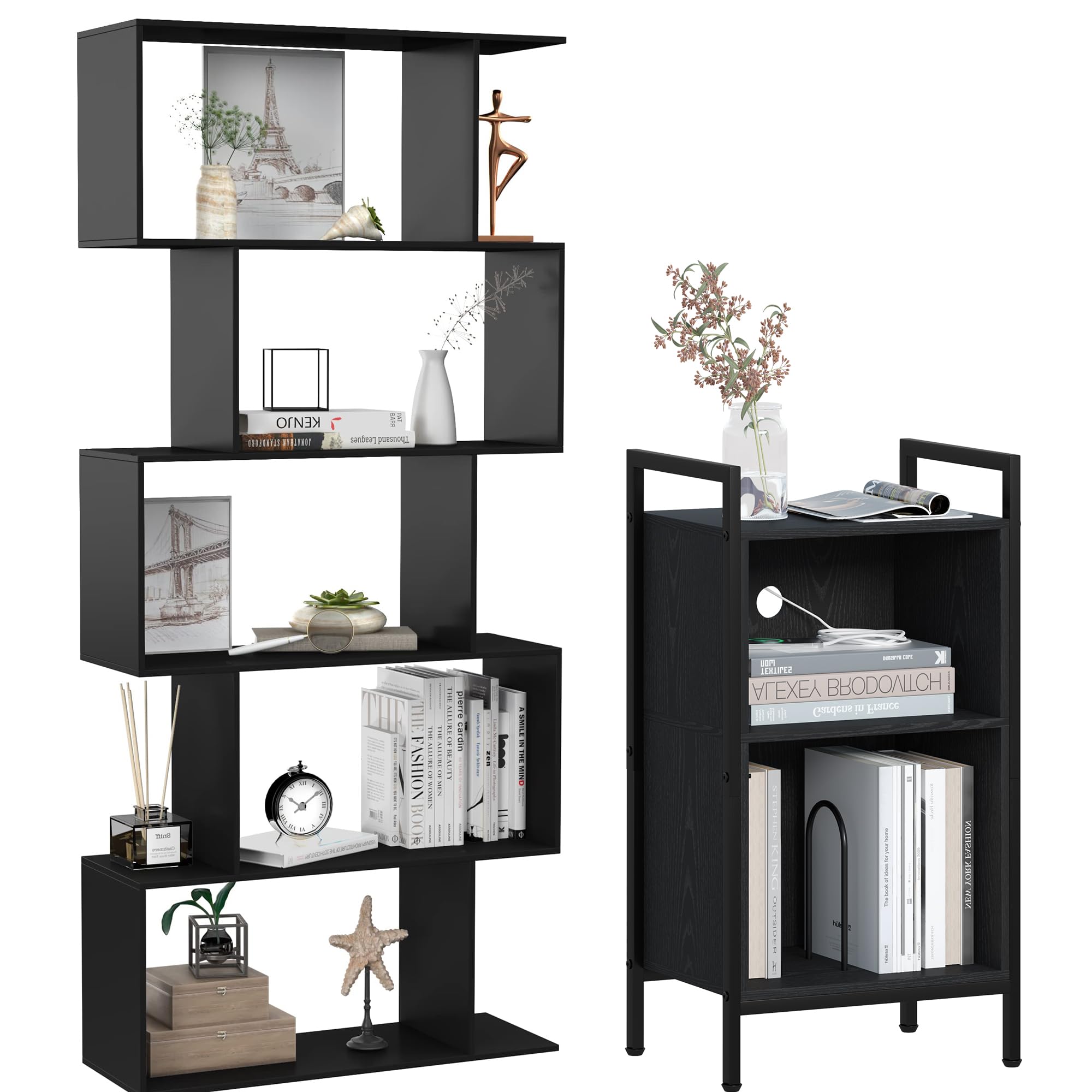 Yusong Bookshelf 5-Tier, Geometric Bookcase S Shaped Book Shelves and 3 Tier End Table, Tall Side Table with Storage Cabinets,Black