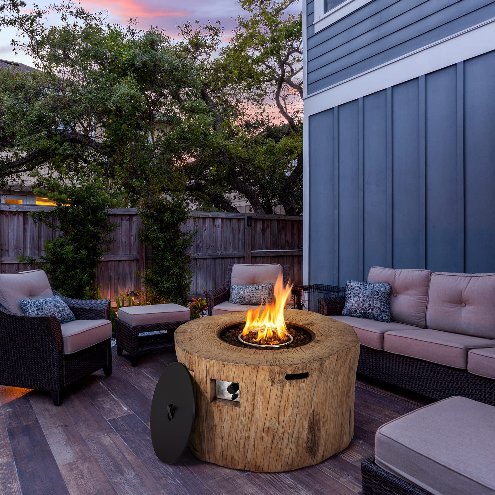 COSTWAY 40" Propane Gas Fire Pit Table, 2-in-1 Outdoor Round Fire Table W/Volcanic Rock & PVC Cover, 50,000 BTU Heat Output, Wood-Like Surface for Backyard, Poolside