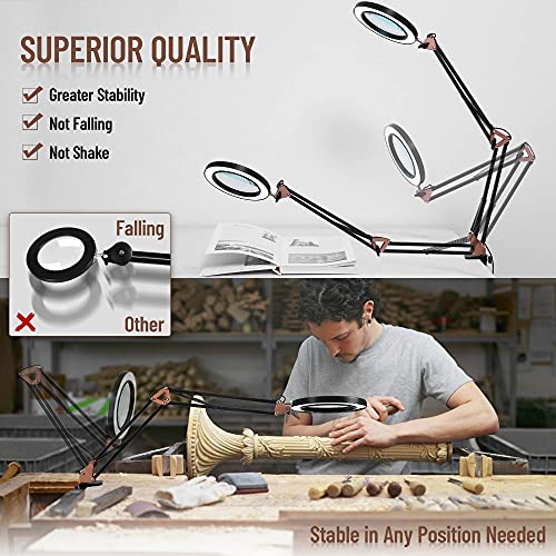 LANCOSC Magnifying Glass with Light and Stand, 5X 5 Inches Real Glass Lens, 3 Color Modes Stepless Dimmable LED Desk Lamp, Adjustable Arm Lighted Magnifier Light for Reading Repair Crafts - Black Gold