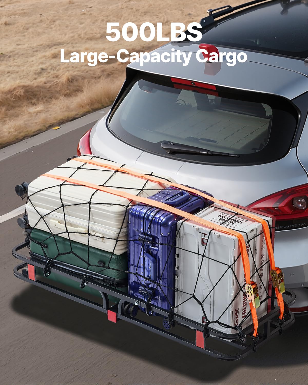 VEVOR 53 x 19 5 in Hitch Cargo Carrier, 500lb Capacity Trailer Mount Basket, Steel Luggage Carrier Rack Fits 2'' Receiver for SUV Truck Pickup with Net, Stabilizer, Straps, Black