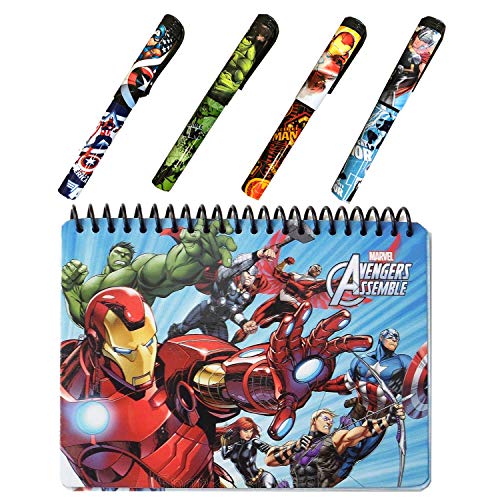 Marvel Avengers Metal Tin Pencil Case, Notebook and 4 Superhero Pens Set- Marvel Avengers Spiral Notebook, Hard Back, Iron Man, Captain America, Thor, Hulk and Black Widow School Supplies Accessories