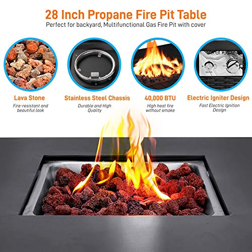 SereneLife Outdoor Propane Fire Pit Table-CSA Approved Safe 40,000 BTU Pulse Ignition Propane Gas Fire Table-28 inches-Steel Tabletop,Steel Panel