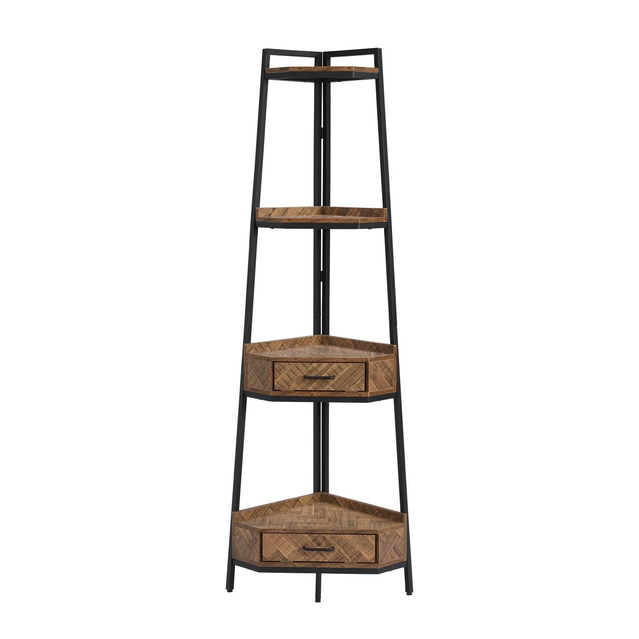 ELzEy Corner Shelf with Two Drawers Tall 4-Tier Industrial Bookcase Black