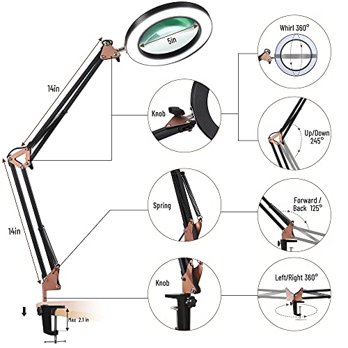 LANCOSC Magnifying Glass with Light and Stand, 5X 5 Inches Real Glass Lens, 3 Color Modes Stepless Dimmable LED Desk Lamp, Adjustable Arm Lighted Magnifier Light for Reading Repair Crafts - Black Gold