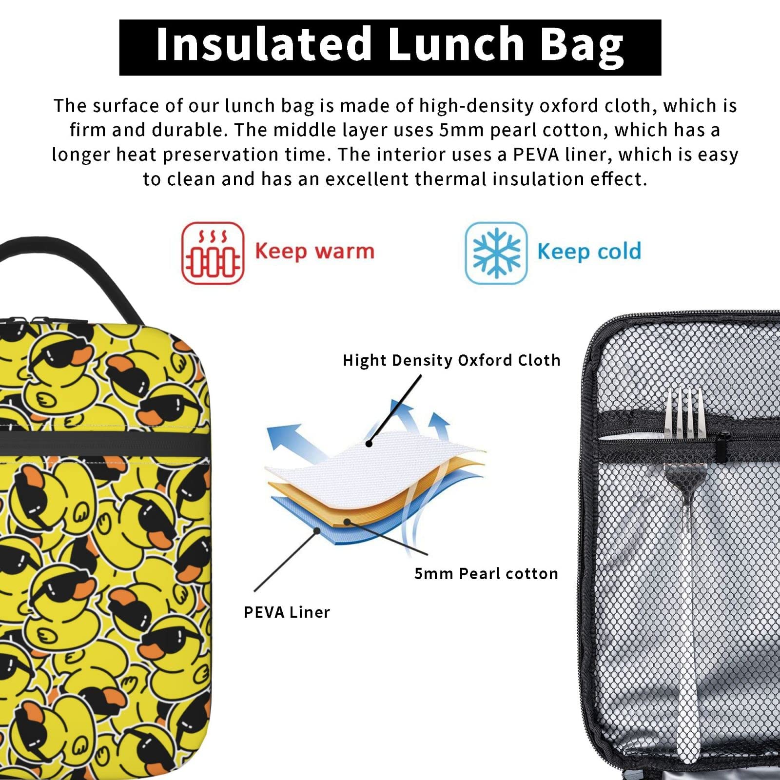 Gbuzozie Funny Rubber Ducks Lunch Bag Insulated Portable Reusable Lunch Box With Zipper For Picnic Work Office Travel School