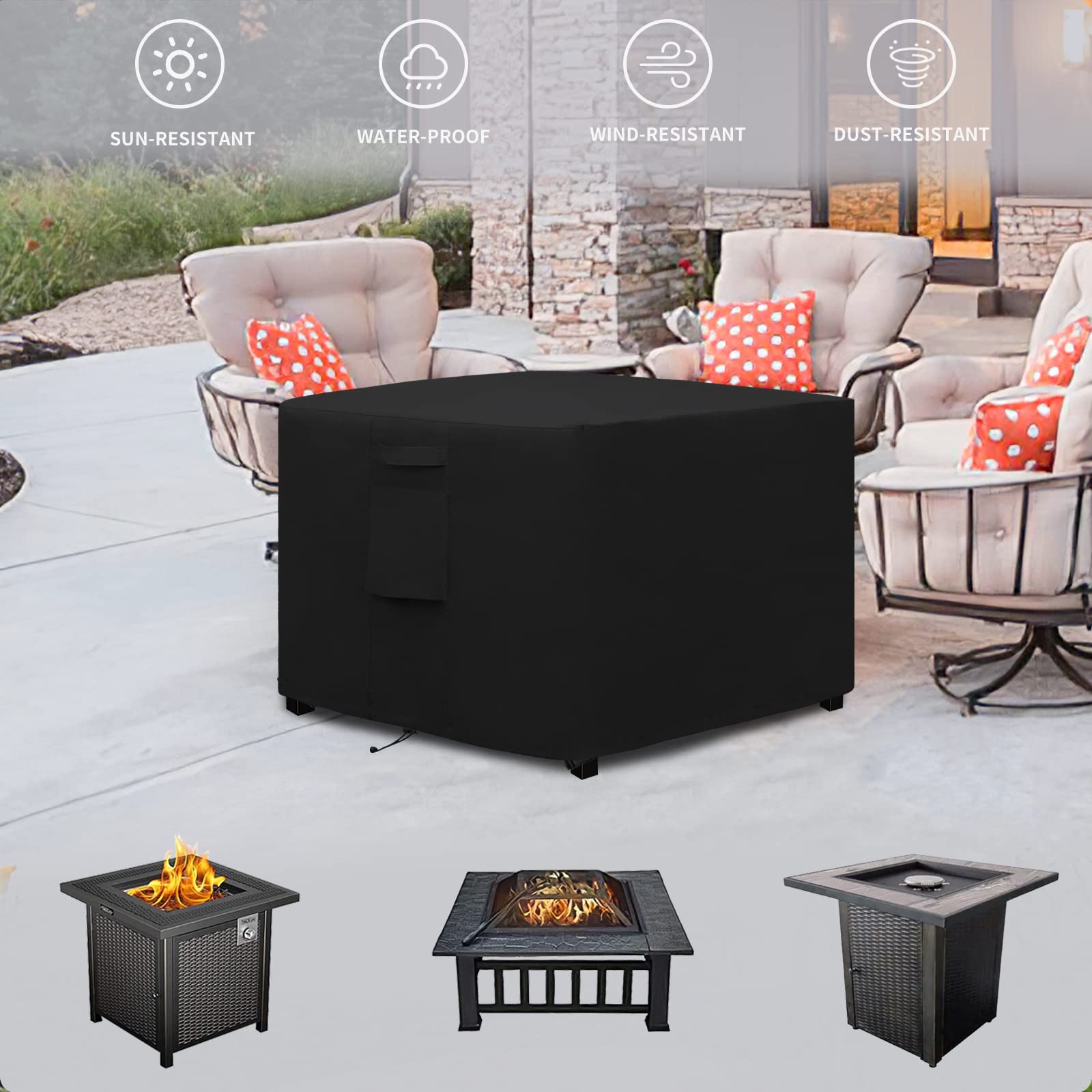 Easy-Going Outdoor Fire Pit Cover Square 40" Lx40 Wx24 H, Durable Outdoor Gas Firepit Cover, Waterproof and Weatherproof Cover for Fire Pit, Black