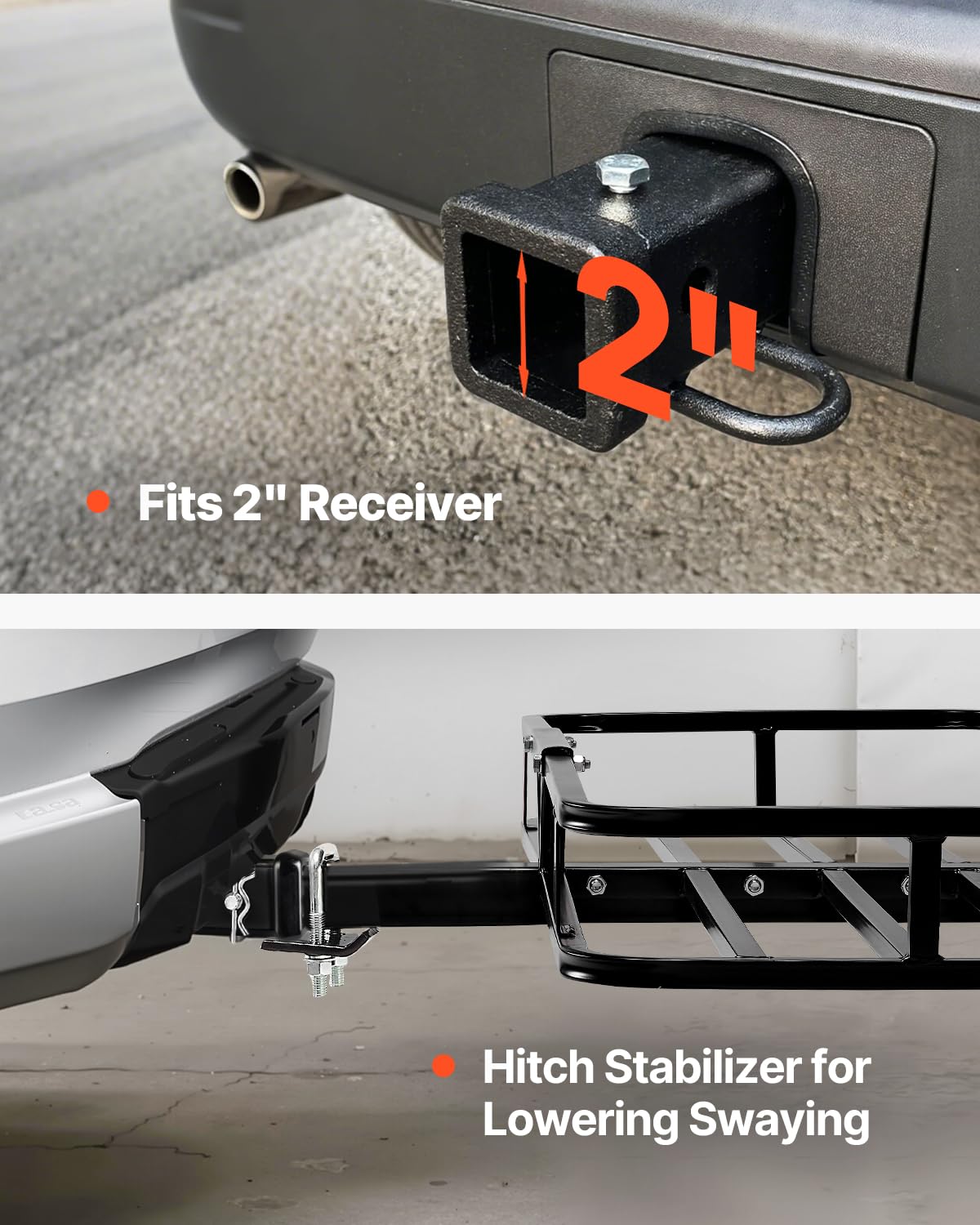 VEVOR 53 x 19 5 in Hitch Cargo Carrier, 500lb Capacity Trailer Mount Basket, Steel Luggage Carrier Rack Fits 2'' Receiver for SUV Truck Pickup with Net, Stabilizer, Straps, Black
