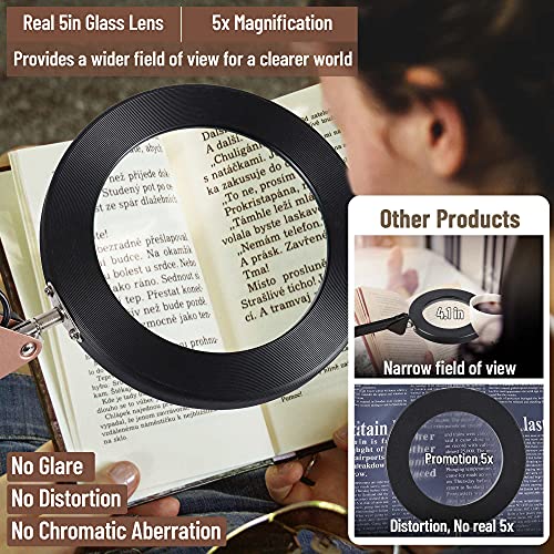 LANCOSC Magnifying Glass with Light and Stand, 5X 5 Inches Real Glass Lens, 3 Color Modes Stepless Dimmable LED Desk Lamp, Adjustable Arm Lighted Magnifier Light for Reading Repair Crafts - Black Gold