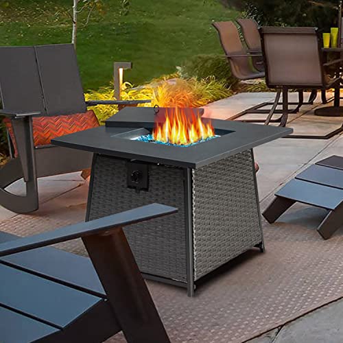Domi Gas FirePit Table, 28 Inch 50,000 BTU Outdoor Wicker Patio Propane Firepit w/Blue Glass Rocks, Hideaway Tank Holder, ETL Certification, Cover Lid, Wood Look Tabletop (Square)