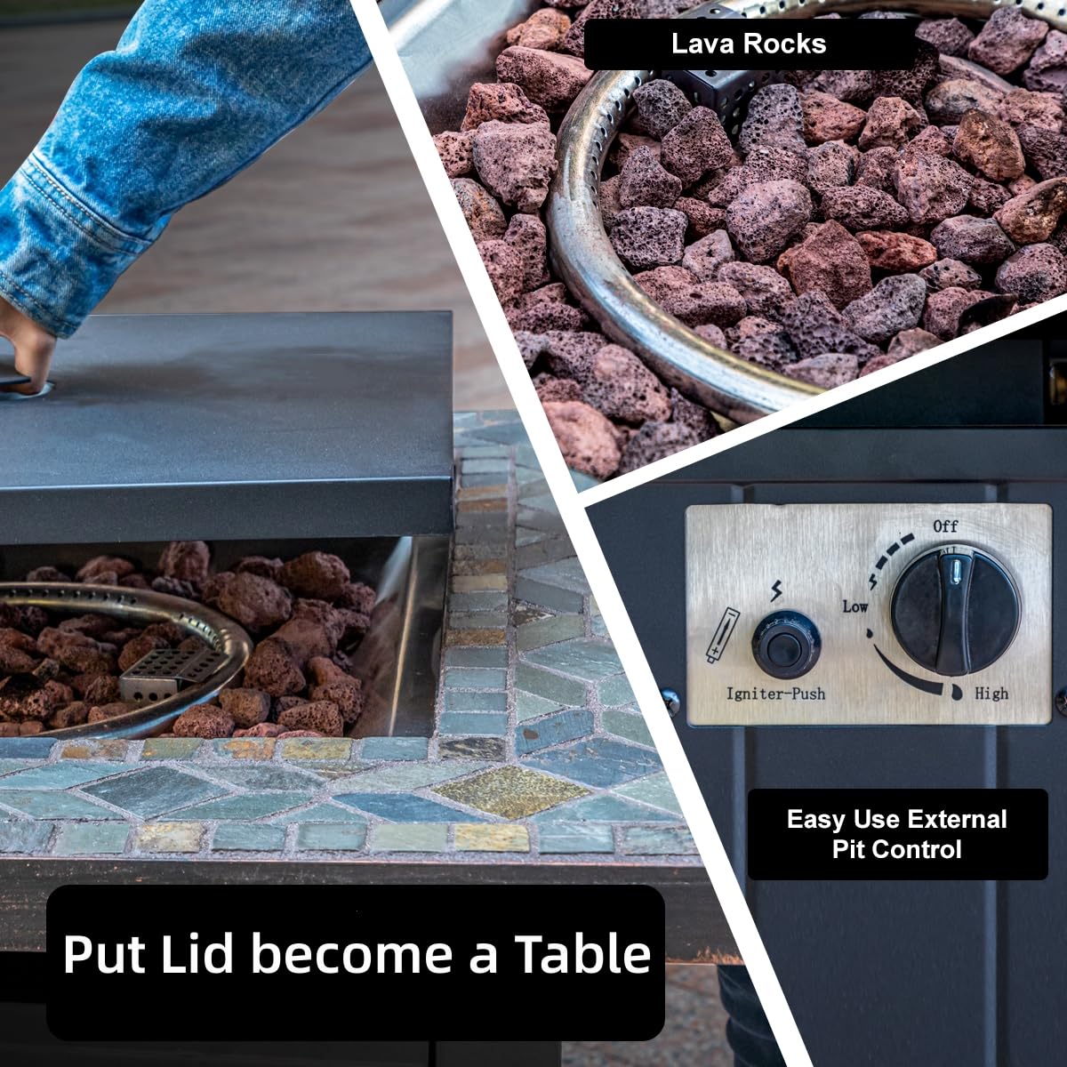 OutVue 30 inch Real Slate Propane Fire Pit Table, Gas Fire Pits for Outside Patio,50000 BTU Propane Fire Pits with Lid &Lava Rocks,Firepit for Garden,Yard