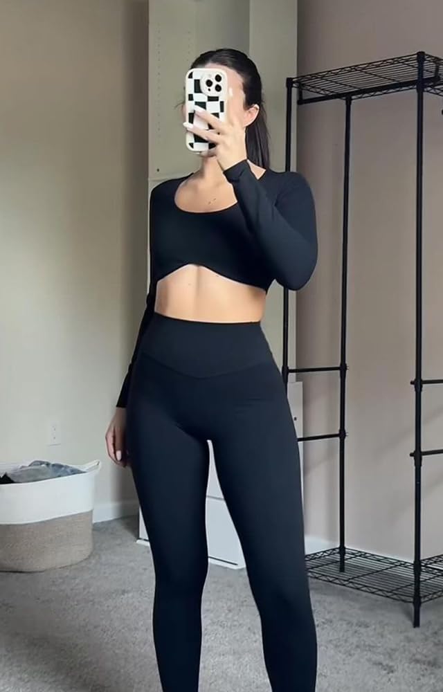 Aoxjox Long Sleeve Crop Tops for Women Define Sculpt Workout Cropped T Shirt Top (Black, Large)