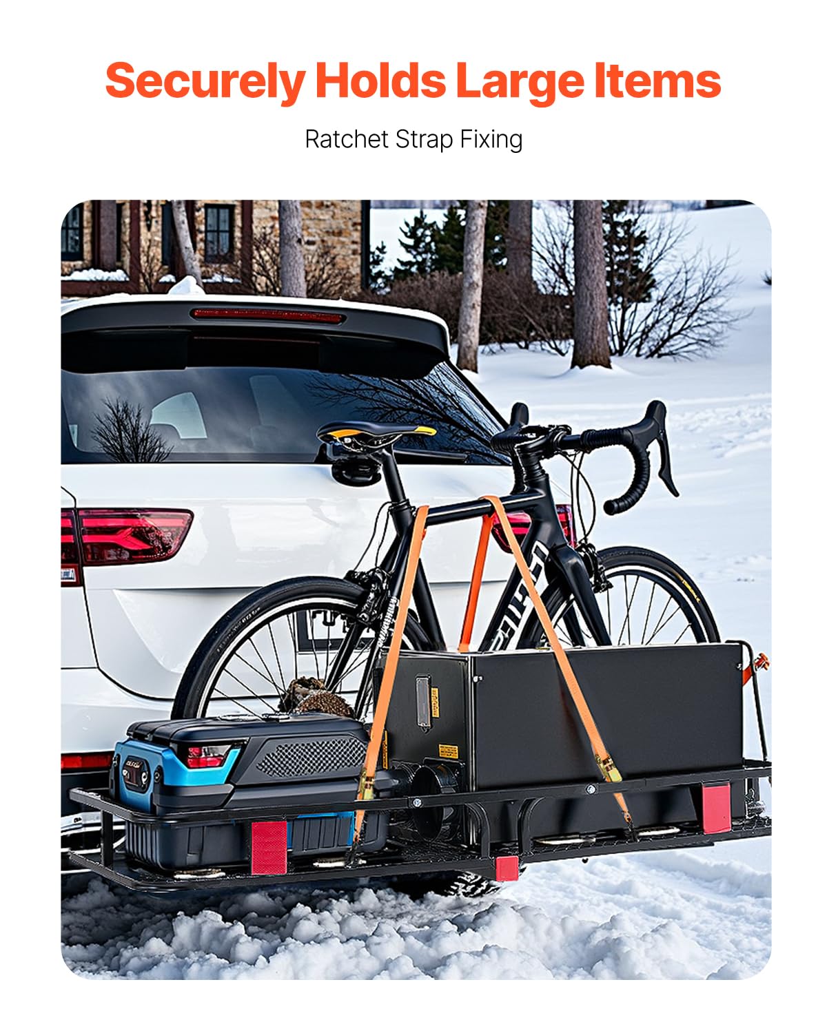 VEVOR 53 x 19 5 in Hitch Cargo Carrier, 500lb Capacity Trailer Mount Basket, Steel Luggage Carrier Rack Fits 2'' Receiver for SUV Truck Pickup with Net, Stabilizer, Straps, Black