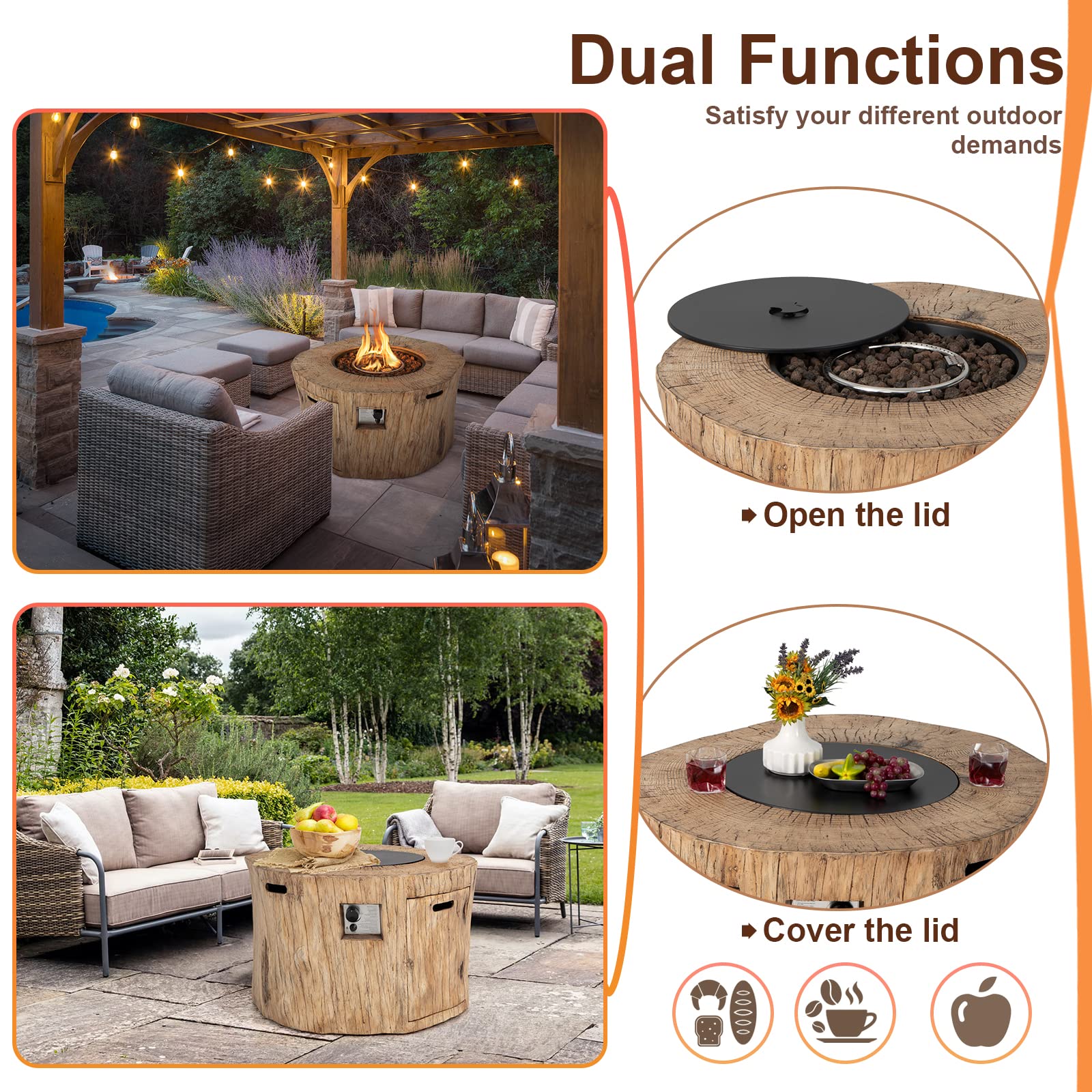 COSTWAY 40" Propane Gas Fire Pit Table, 2-in-1 Outdoor Round Fire Table W/Volcanic Rock & PVC Cover, 50,000 BTU Heat Output, Wood-Like Surface for Backyard, Poolside